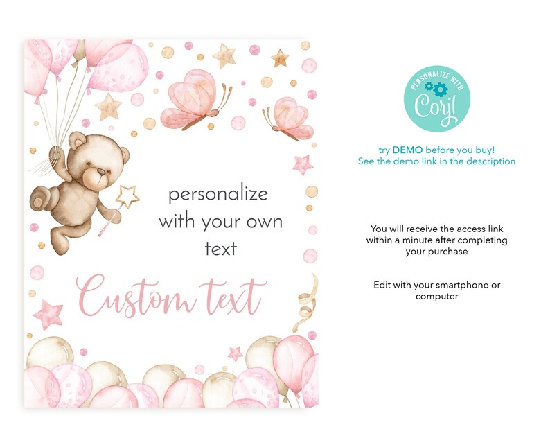 Editable Teddy Bear Signs Set. Baby Girl 1st Birthday. Pink and Brown ...