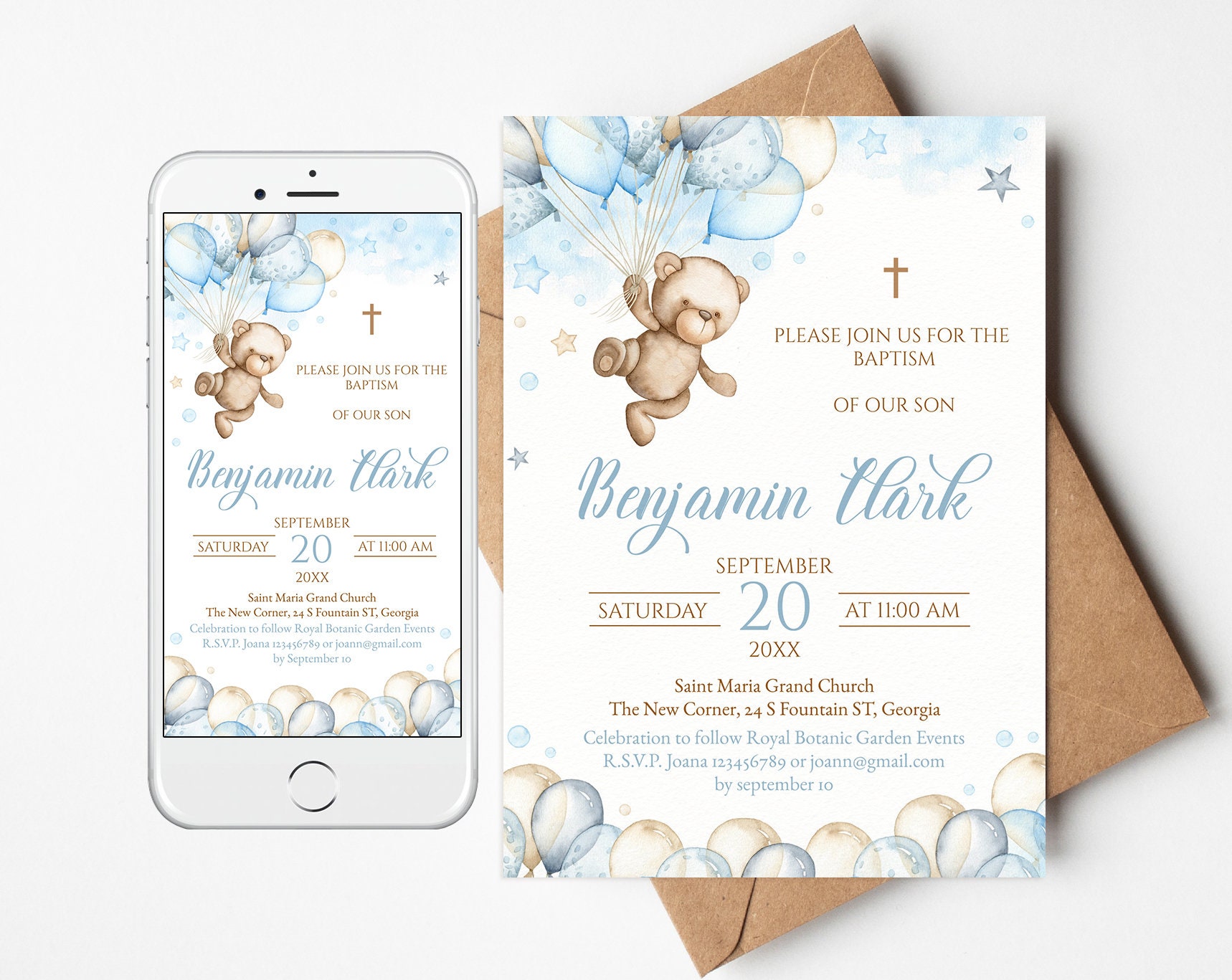 Editable Digital Baptism Invite/evite. Electronic Blue Teddy Bear ...