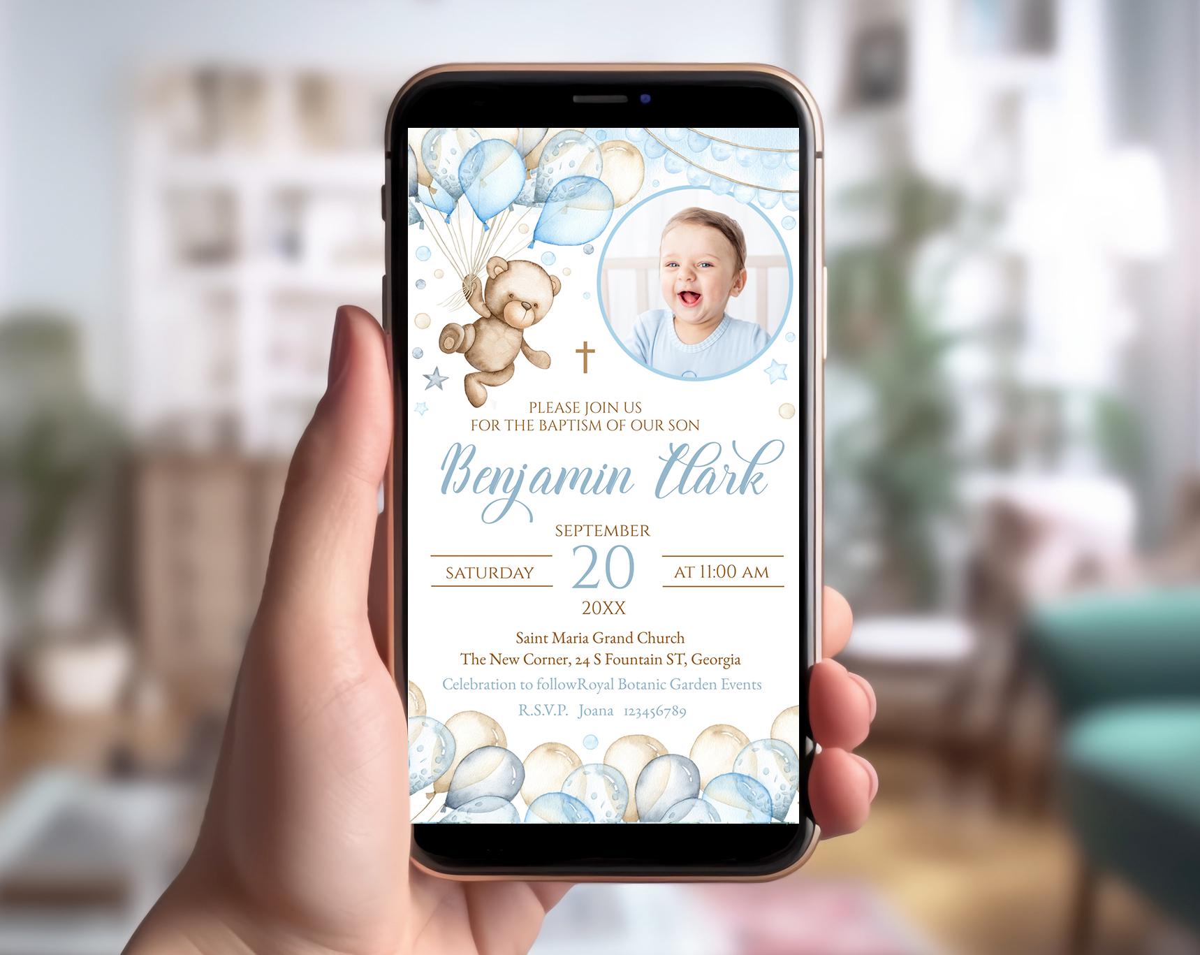 Editable Baptism Invitation With Photo. Blue and Beige Teddy Bear ...