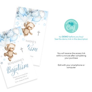 Editable Digital Baptism Thank You Tag. Blue Silver Teddy Bear, Air ...