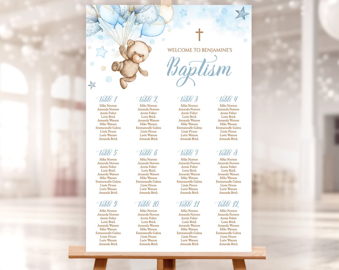 Editable Baptism Seating Chart. Blue Teddy Bear, Air Balloon Decor ...