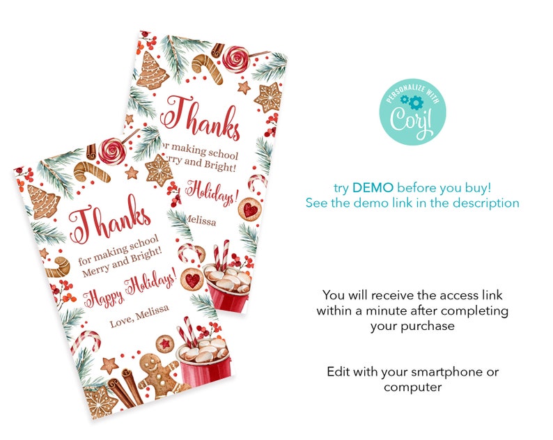 Editable Thank You Tag. Christmas, Holiday School Teacher Gift Tag ...