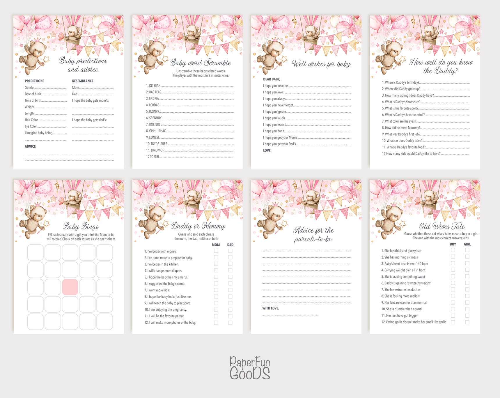 18 Digital Baby Shower Games. Pink Teddy Bear Party. It's a Girl ...