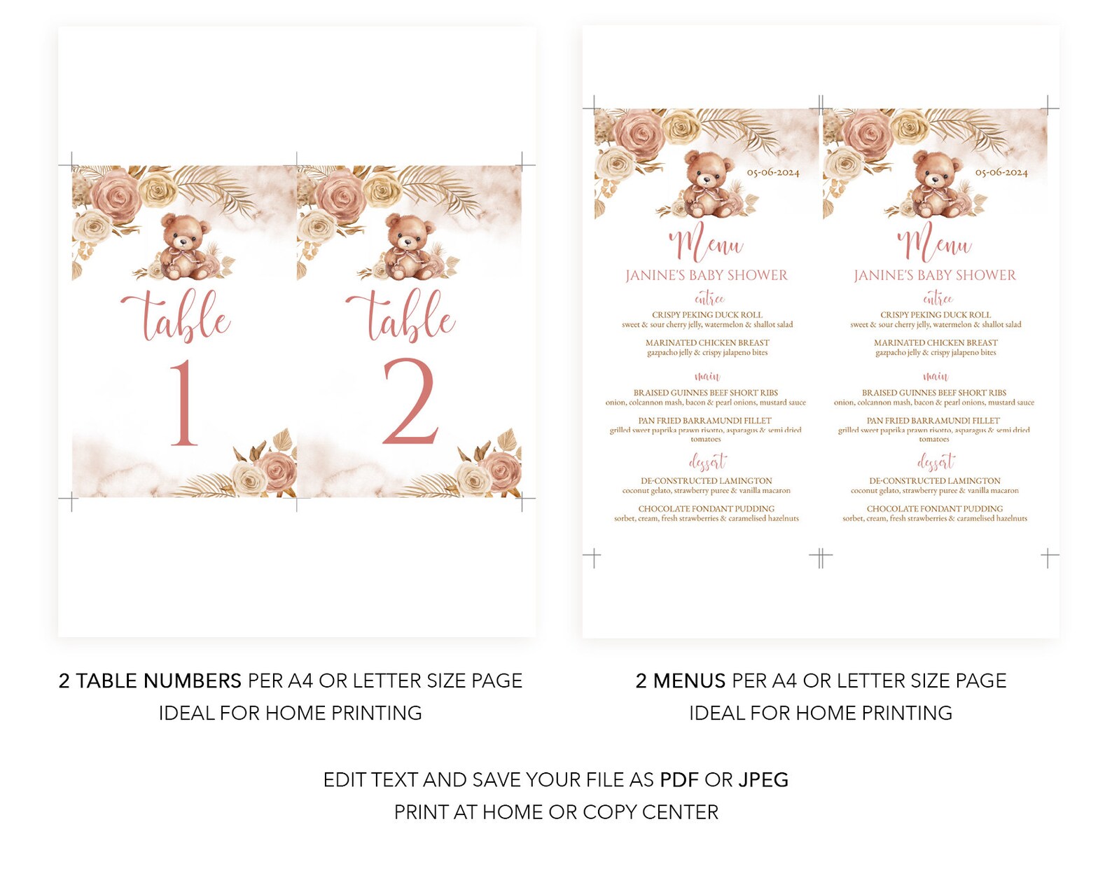 EDITABLE Digital Menu Card 4x8 in and Table Number4x6 In. Baby Shower ...