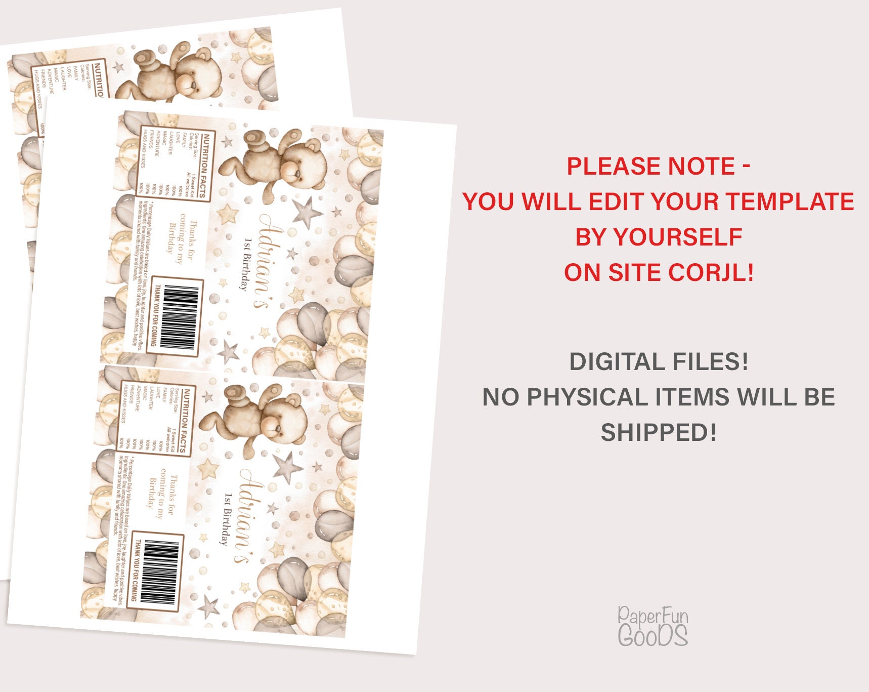 EDITABLE Chocolate Bar Wrappers, Teddy Bear Theme. Corjl Template ...