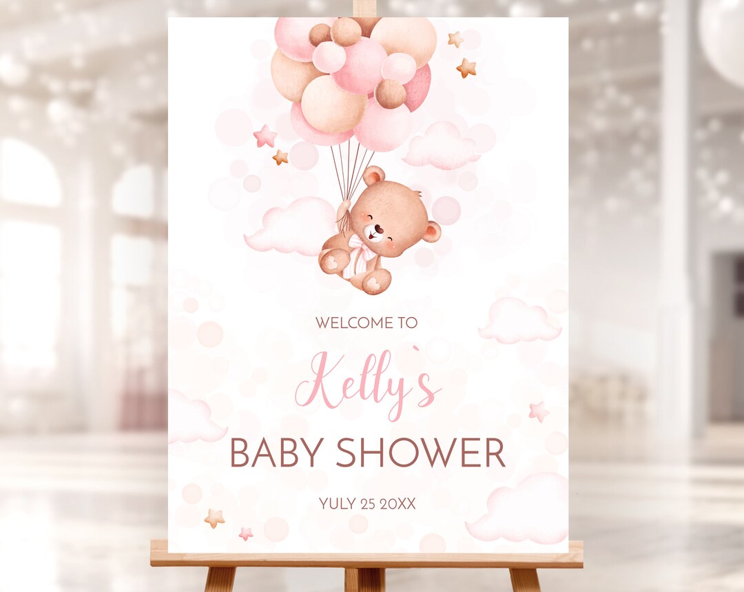 EDITABLE Welcome Sign Baby Shower Pink Teddy Bear. Personalized It's a ...