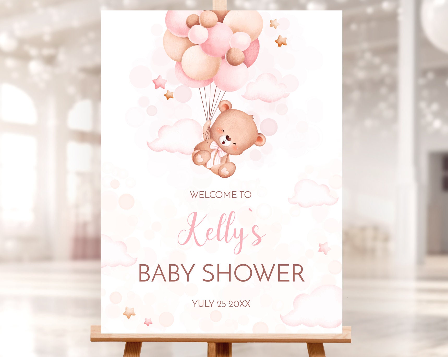 EDITABLE Welcome Sign Baby Shower Pink Teddy Bear. Personalized It's a ...