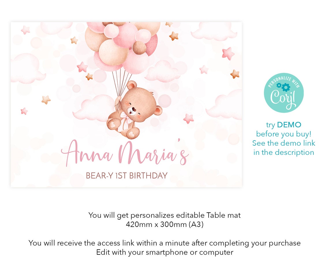 Editable Table Mat Template. Personalized 1st Baby Girl Birthday Place ...