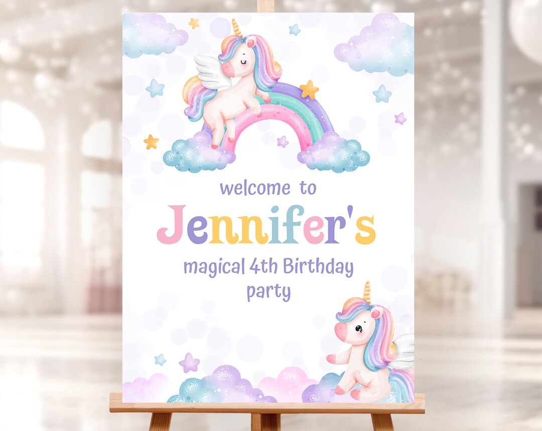 Editable Unicorn Welcome Sign. Pink and Rainbow Girl Magical 4th ...