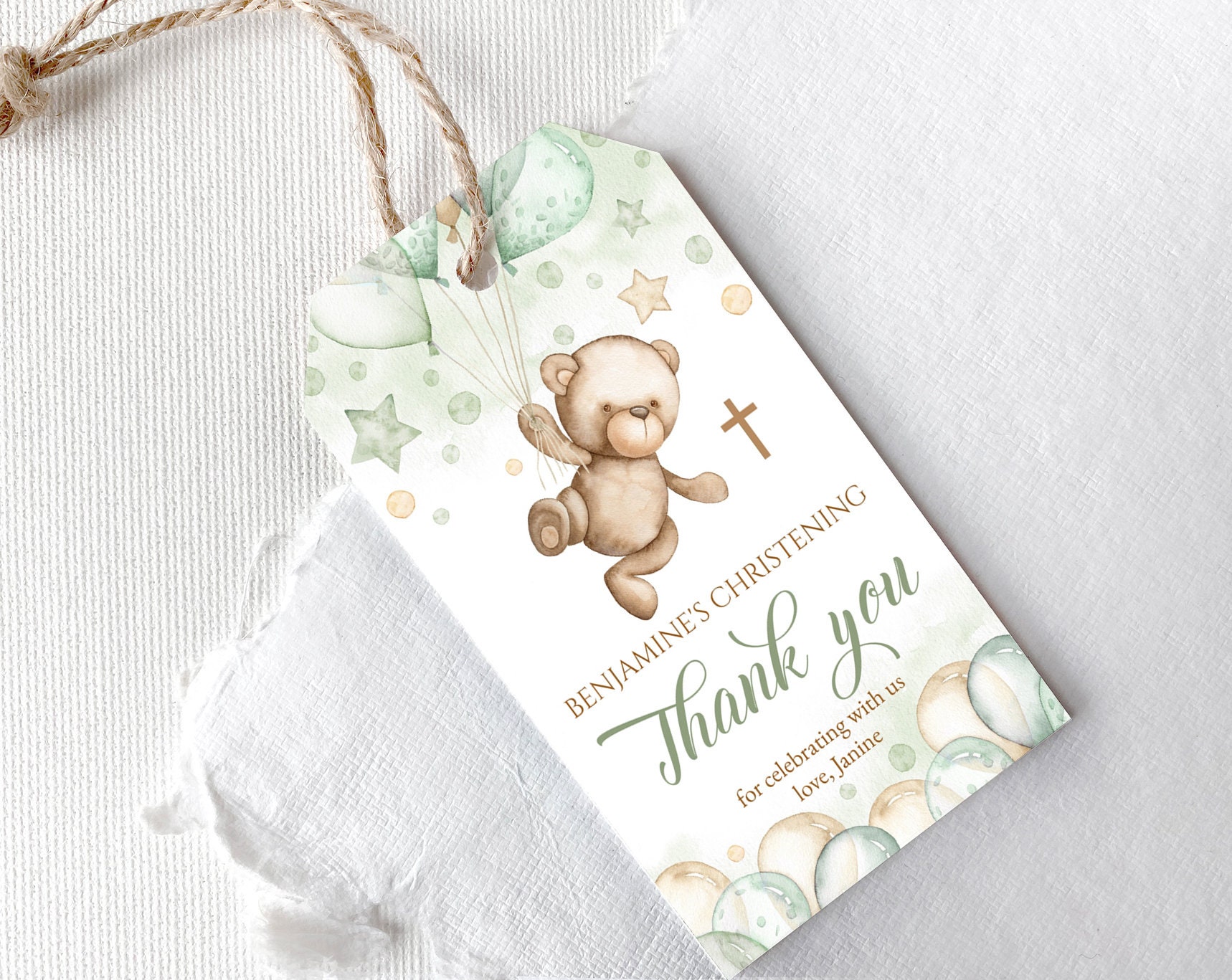 Editable Digital Baptism Thank You Tag. Sage Green Teddy Bear, Air ...