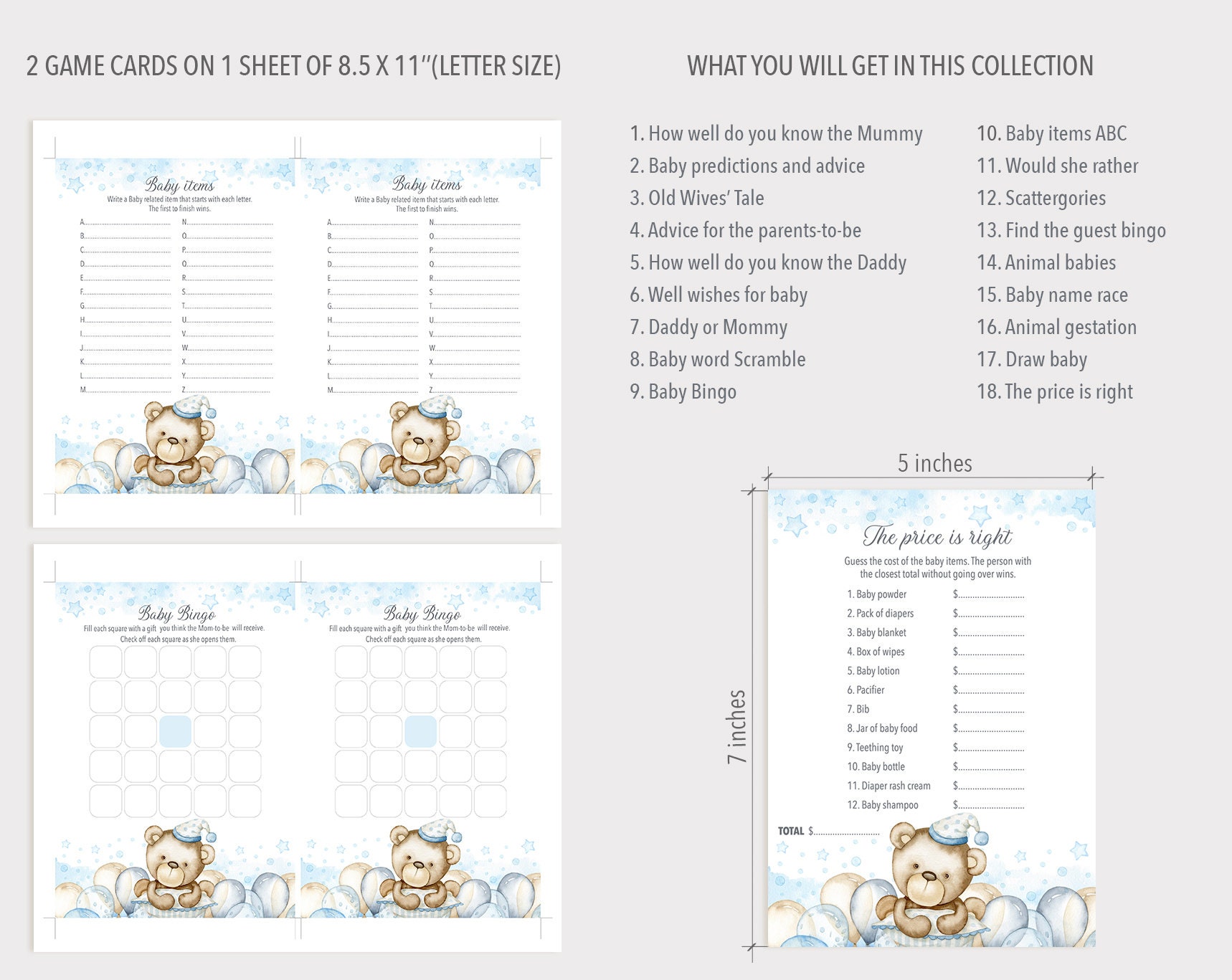 18 Digital Baby Shower Games. Blue Teddy Bear Party. It's a Boy ...