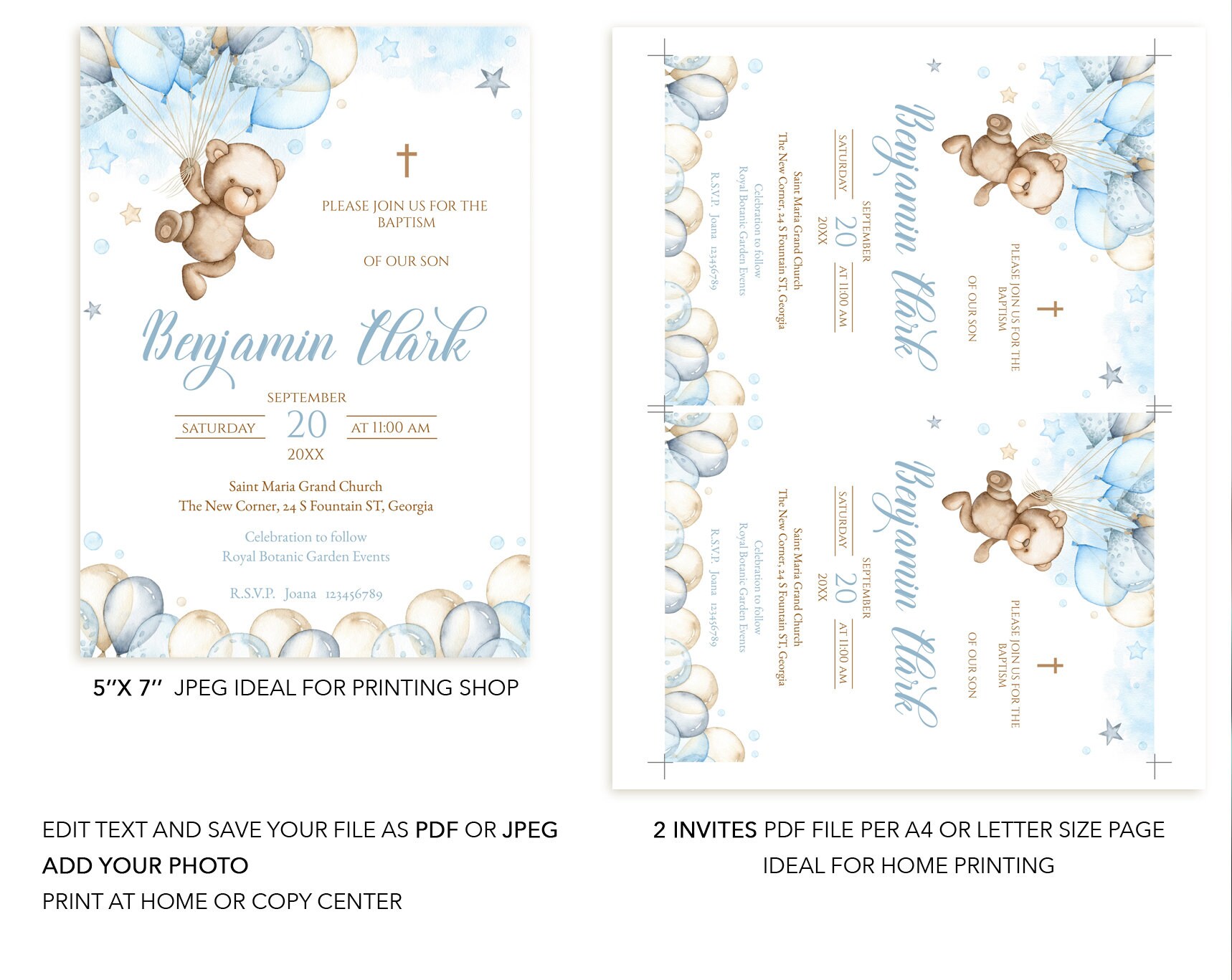 Editable Boy Baptism Bundle. Personalized Blue Beige Teddy Bear, Air ...