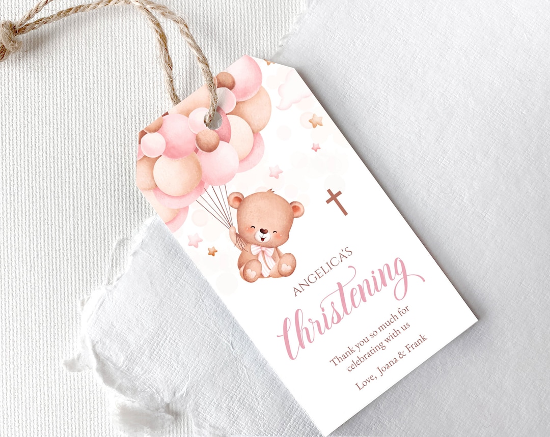 Editable Christening Thank You Tag. Pink Teddy Bear, Air Balloon Decor ...
