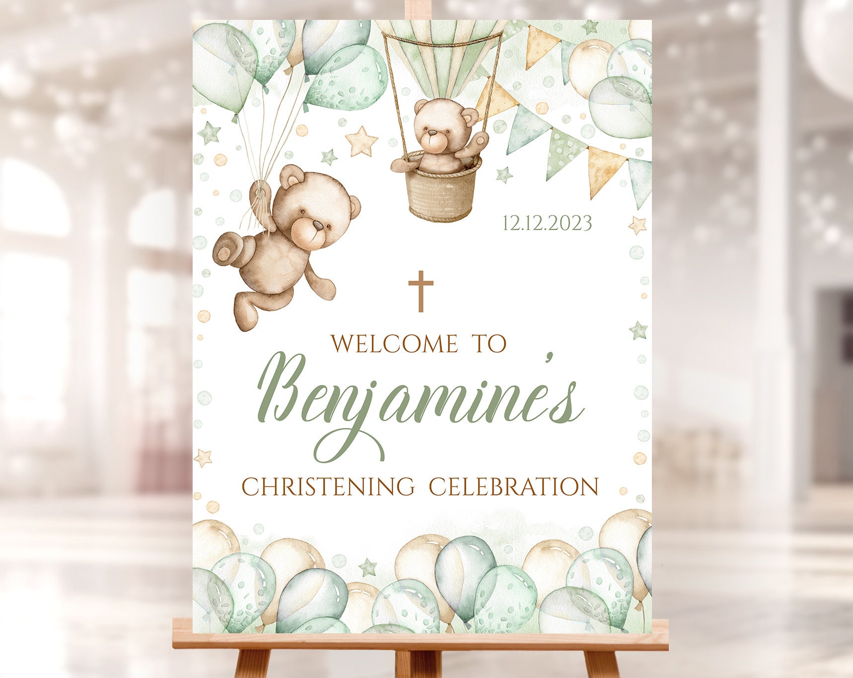Editable Digital Baptism Welcome Sign. Personalized Sage Green Teddy ...