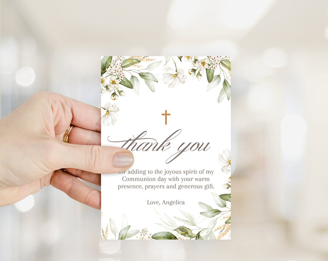 Editable 1st Holy Communion Thank You Card. Green, White Flowers ...