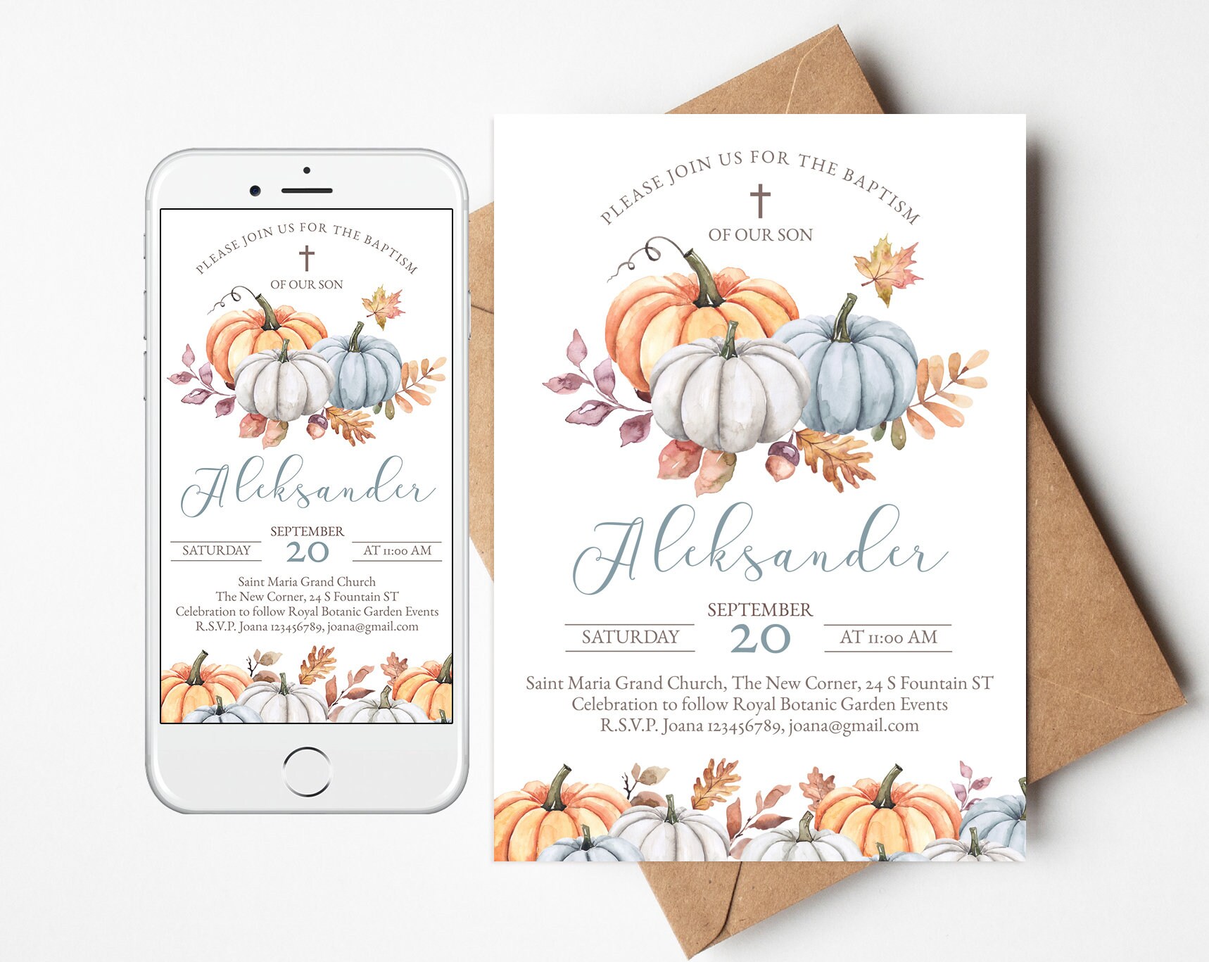 Editable Digital Baptism Invite/evite. Autumn, Fall Blue, Orange ...
