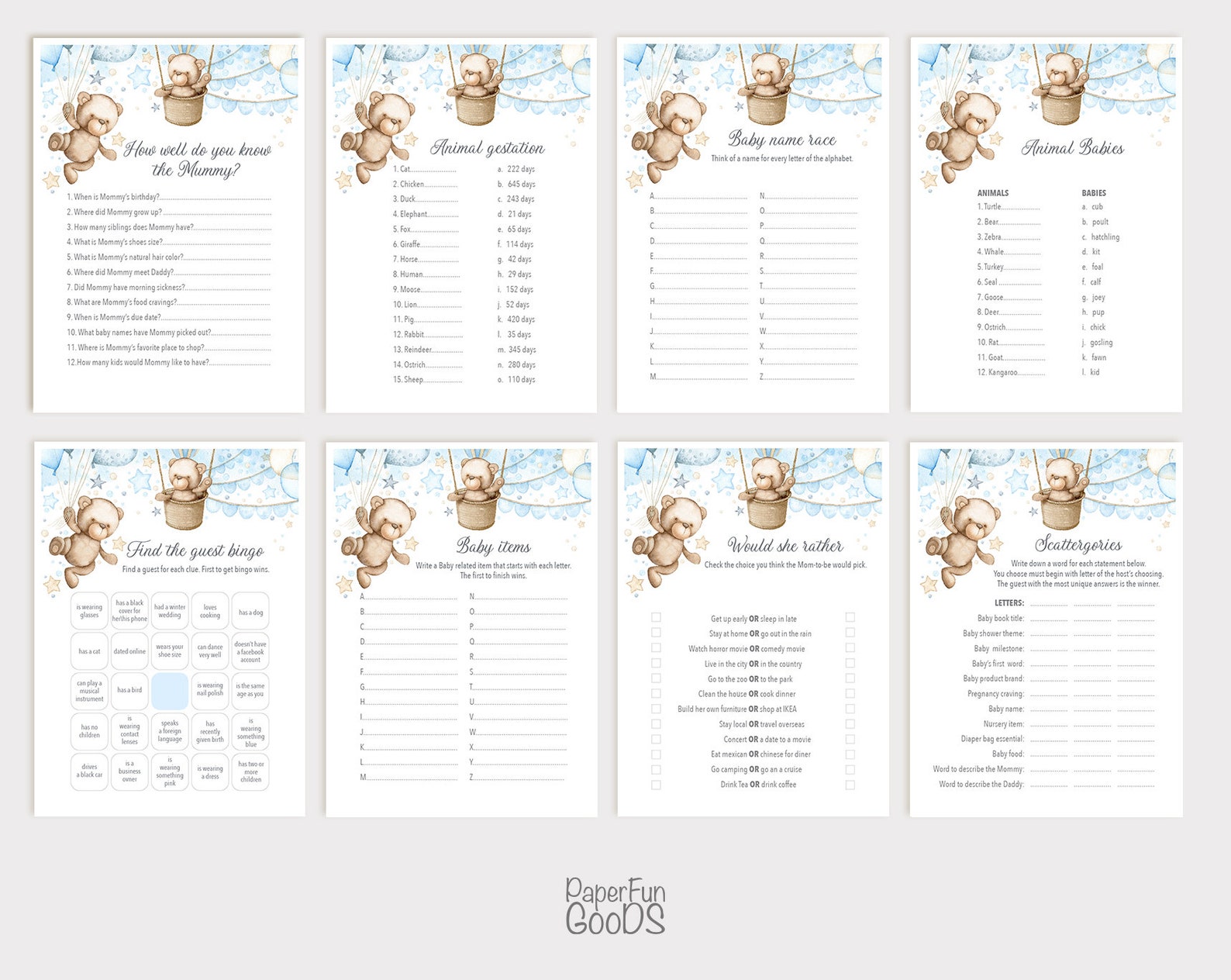 18 Digital Baby Shower Games. Blue Teddy Bear Party. It's a Boy ...