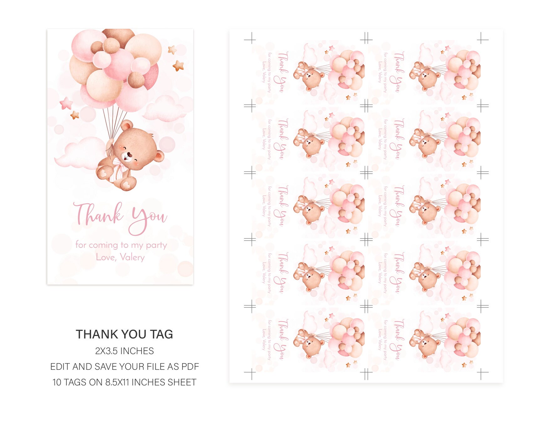 Editable Pink Bear Thank You Tag Template. 1st Baby Girl Birthday Party ...
