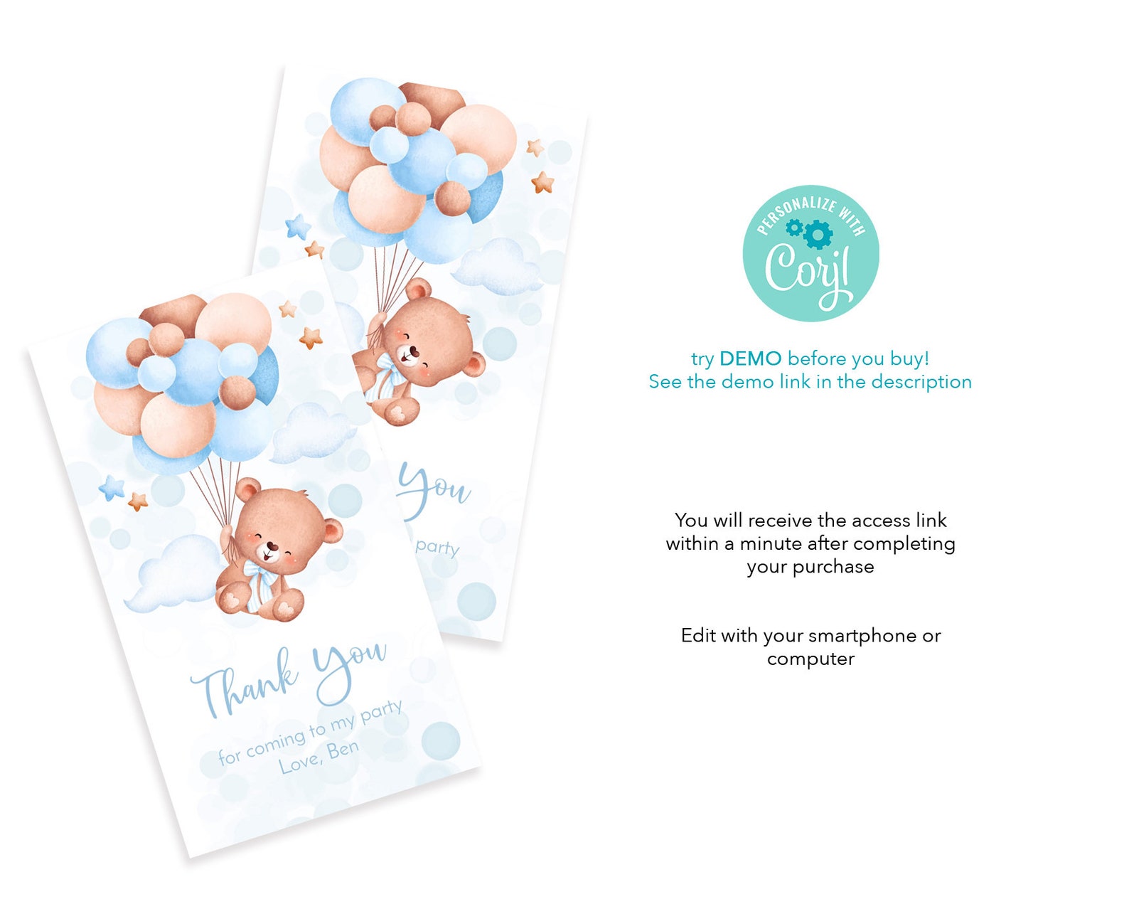 Editable Blue Teddy Bear Thank You Tag Template. 1st Baby Boy Birthday ...