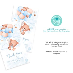 Editable Blue Teddy Bear Thank You Tag Template. 1st Baby Boy Birthday ...