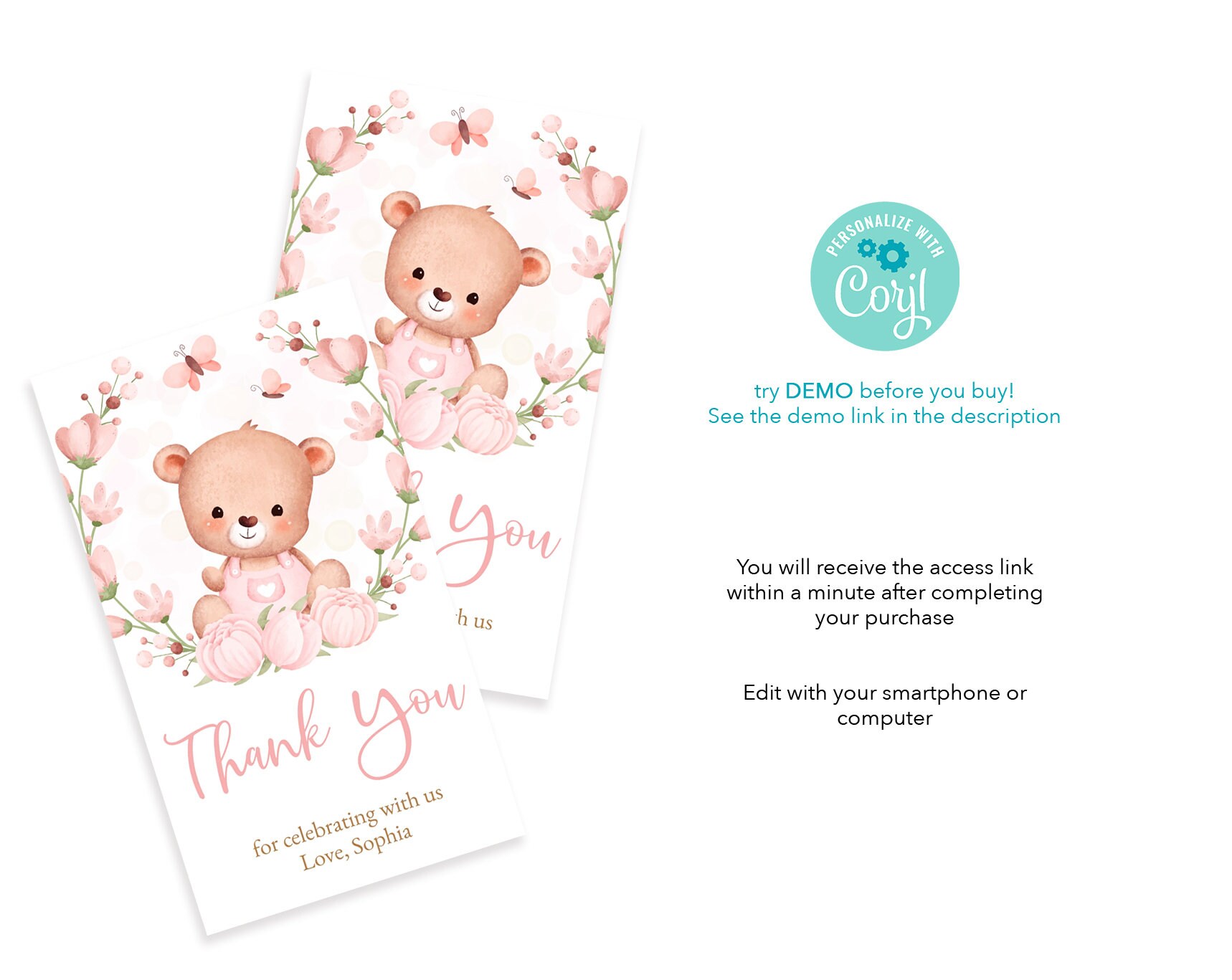Editable Digital Teddy Bear Thank You Tag. Girl Baby Shower, Baby ...