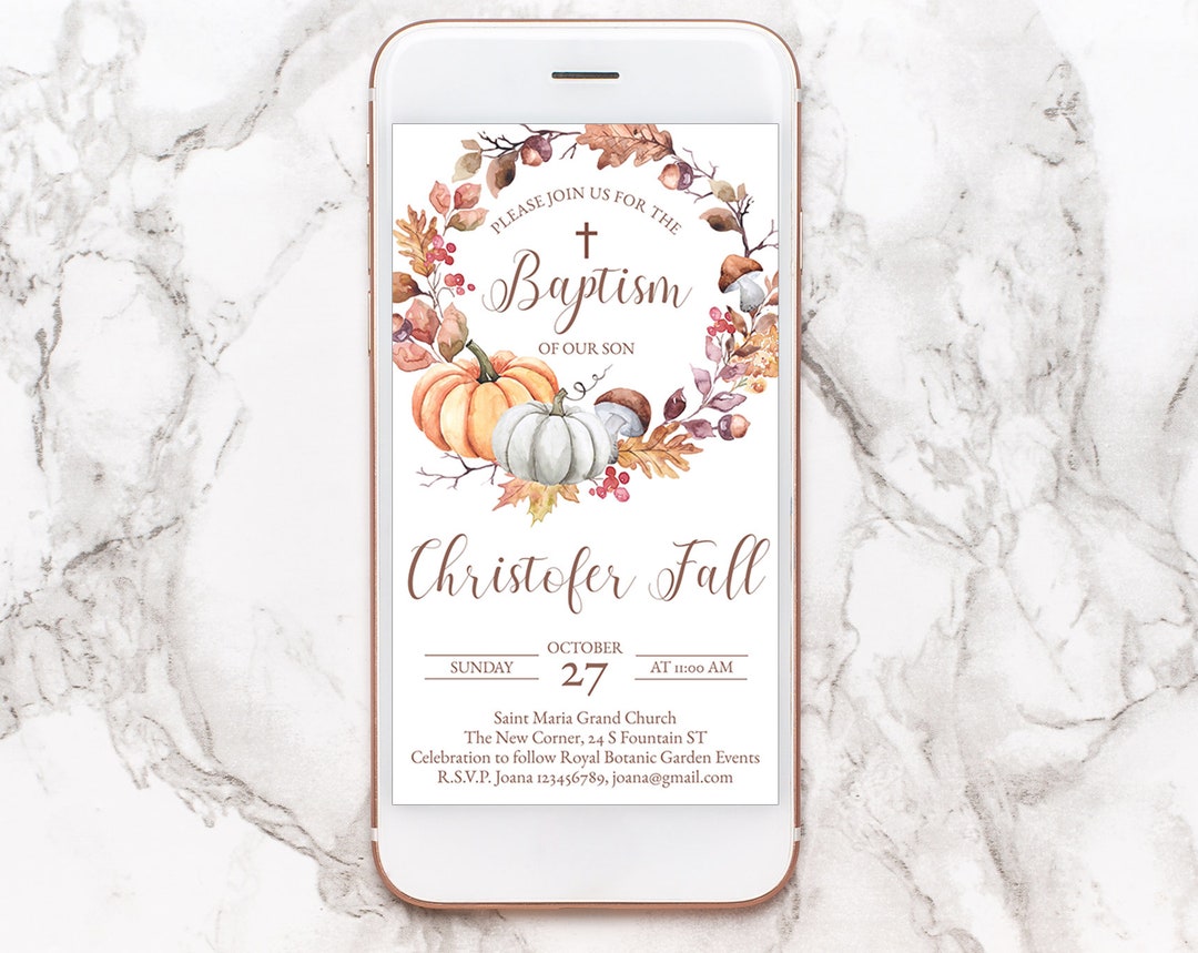Editable Baptism Evite. Autumn, Fall Pumpkin Party, Dried Leaves Decor ...