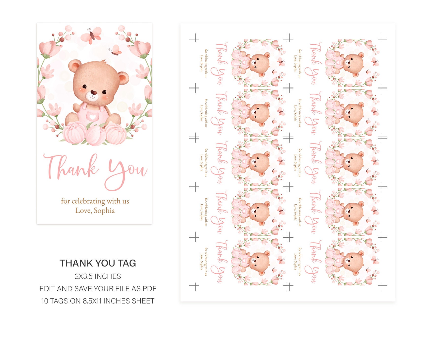 Editable Digital Teddy Bear Thank You Tag. Girl Baby Shower, Baby ...