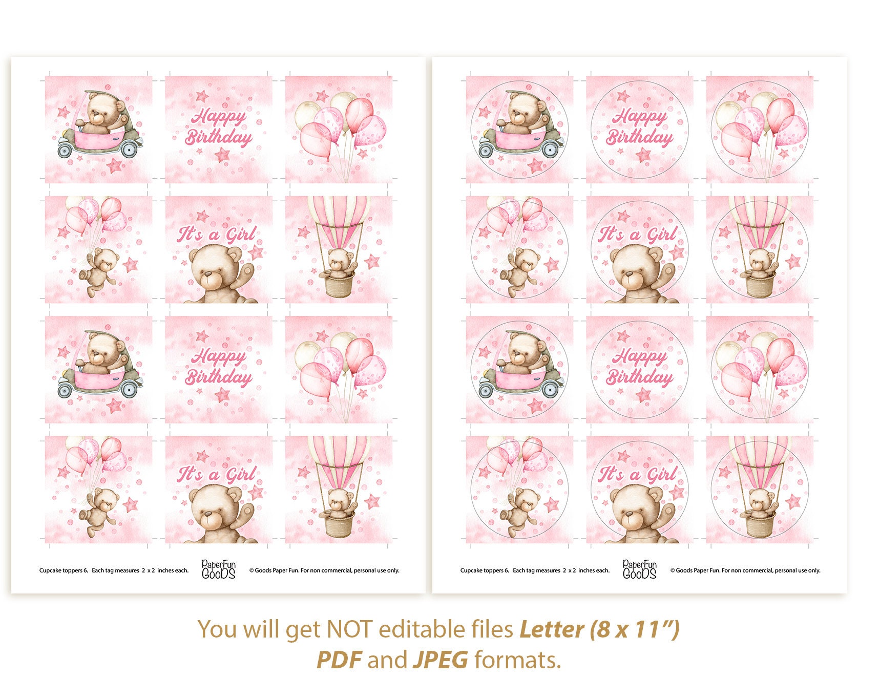 Printable Teddy Bear Cupcake Toppers. Favor Tags. Girls Birthday Decor ...