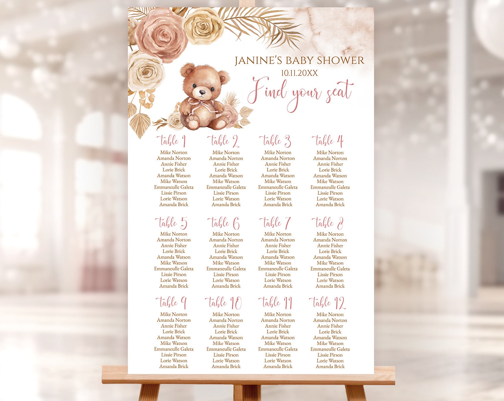 Editable Digital Seating Chart Template. It's a Girl, Blush Rose Pink ...