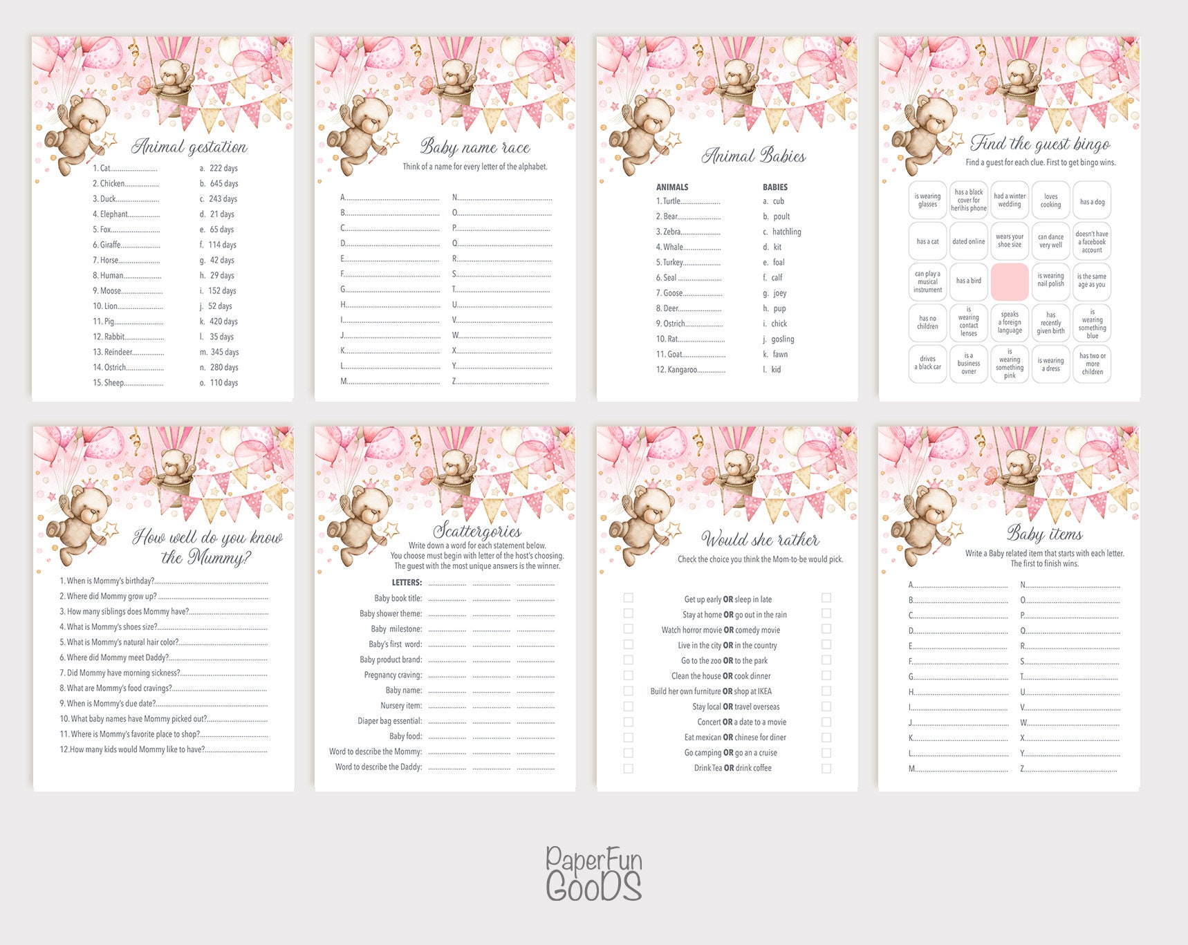 18 Digital Baby Shower Games. Pink Teddy Bear Party. It's a Girl ...