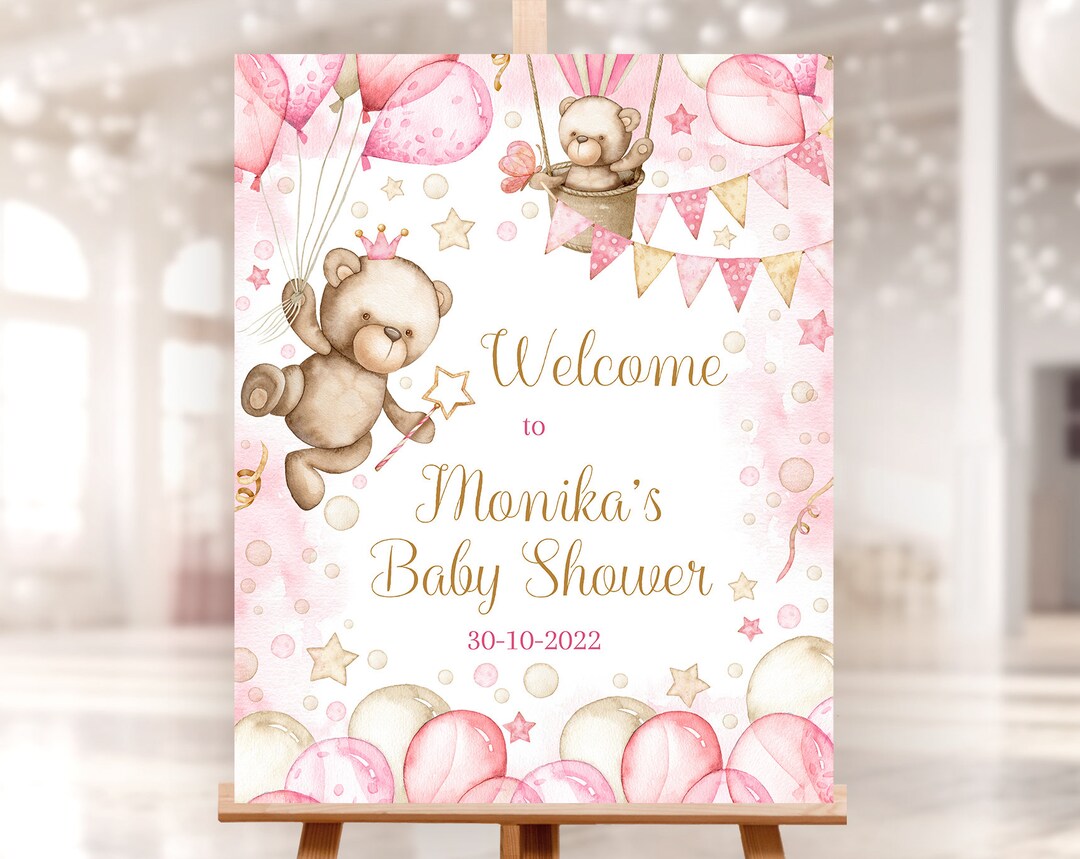 Digital EDITABLE Baby Shower Welcome Sign. It's a Girl Teddy Bear Pink ...