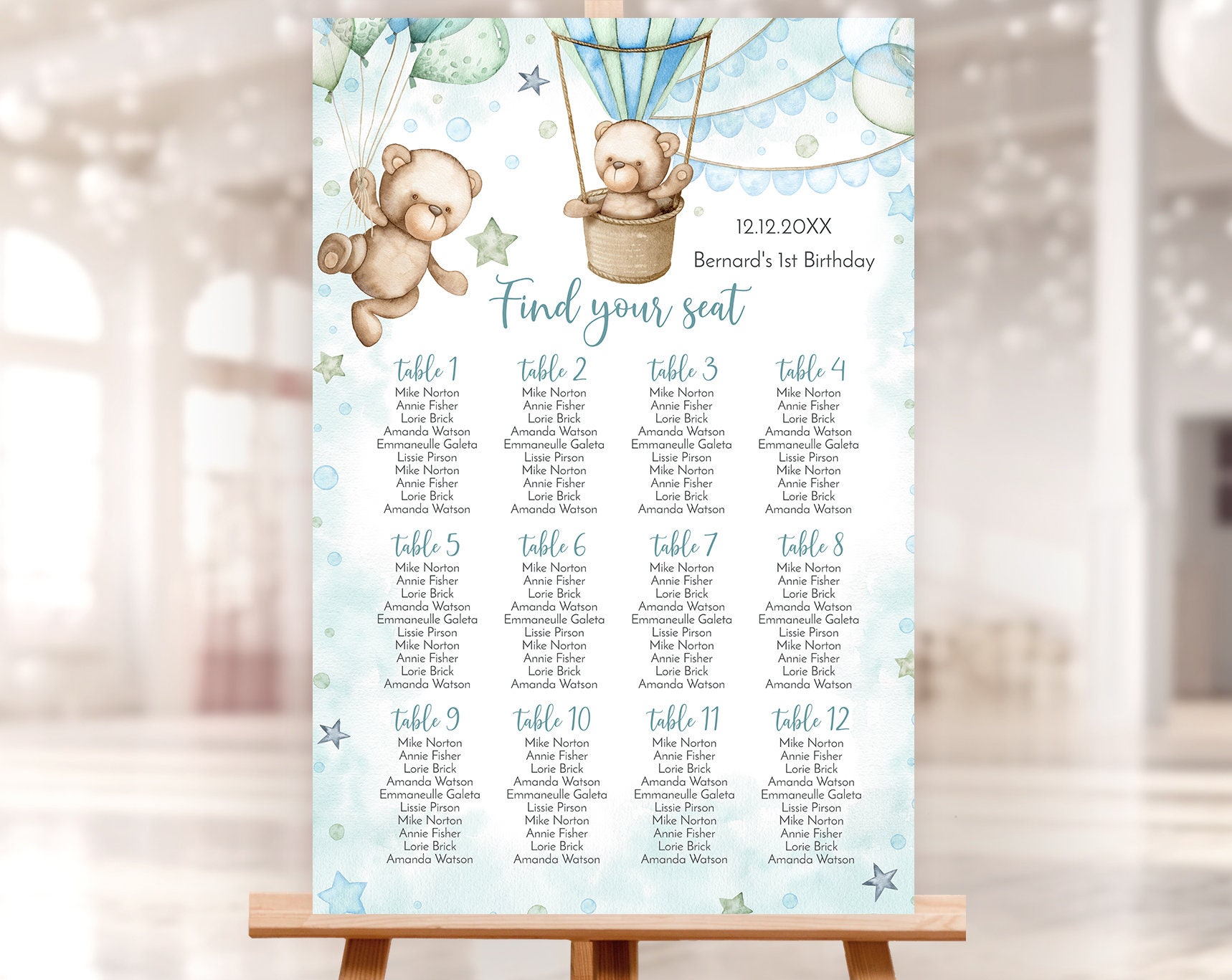 EDITABLE Digital Seating Chart, Menu, Table Number. Green and Blue ...