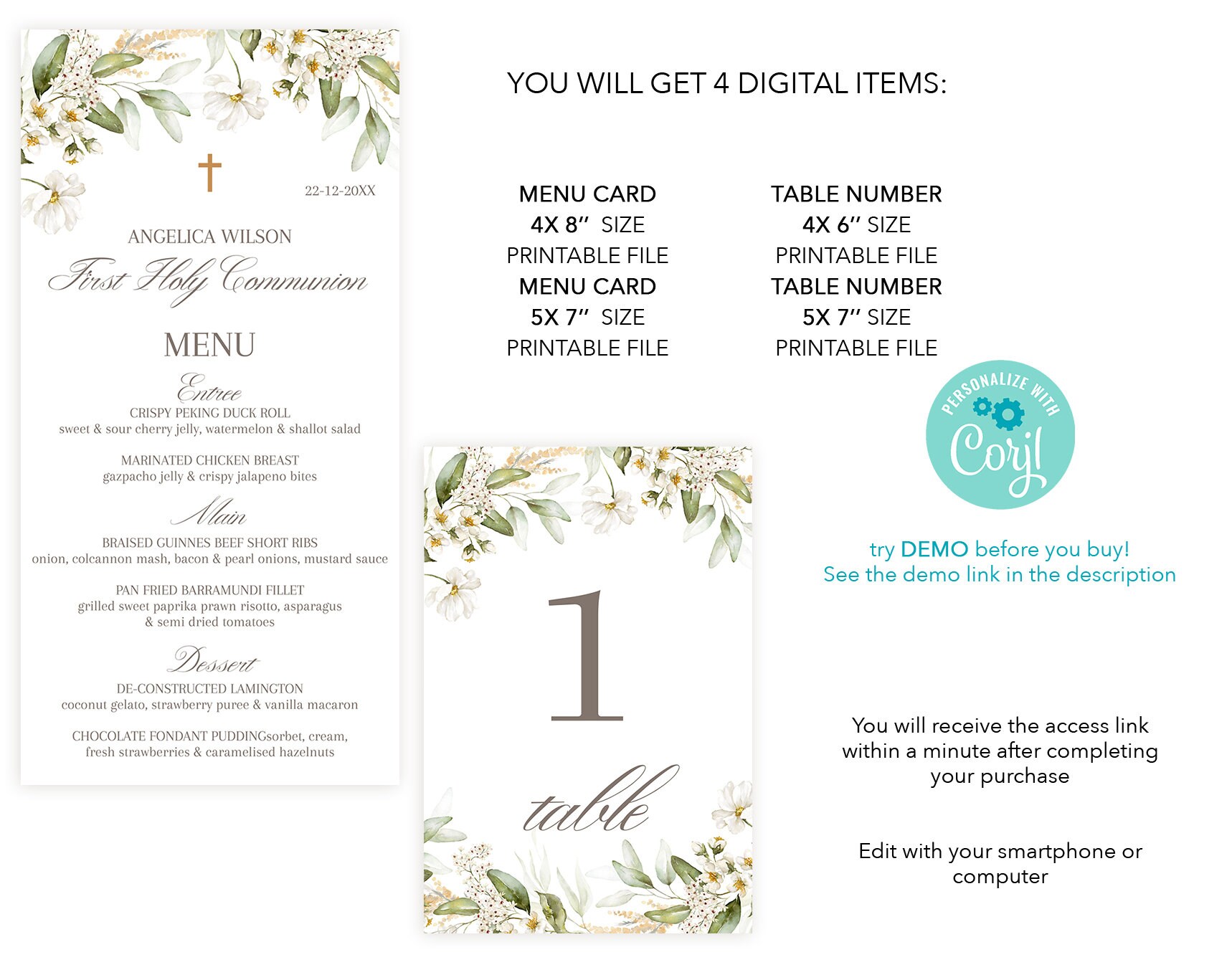 EDITABLE Menu Card and Table Number. 1st Holy Communion - Etsy