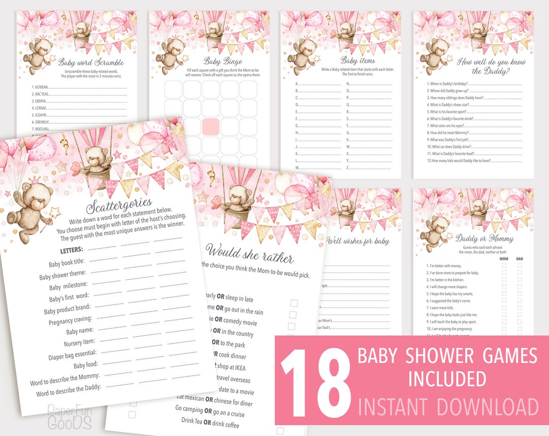 18 Digital Baby Shower Games. Pink Teddy Bear Party. It's a Girl ...
