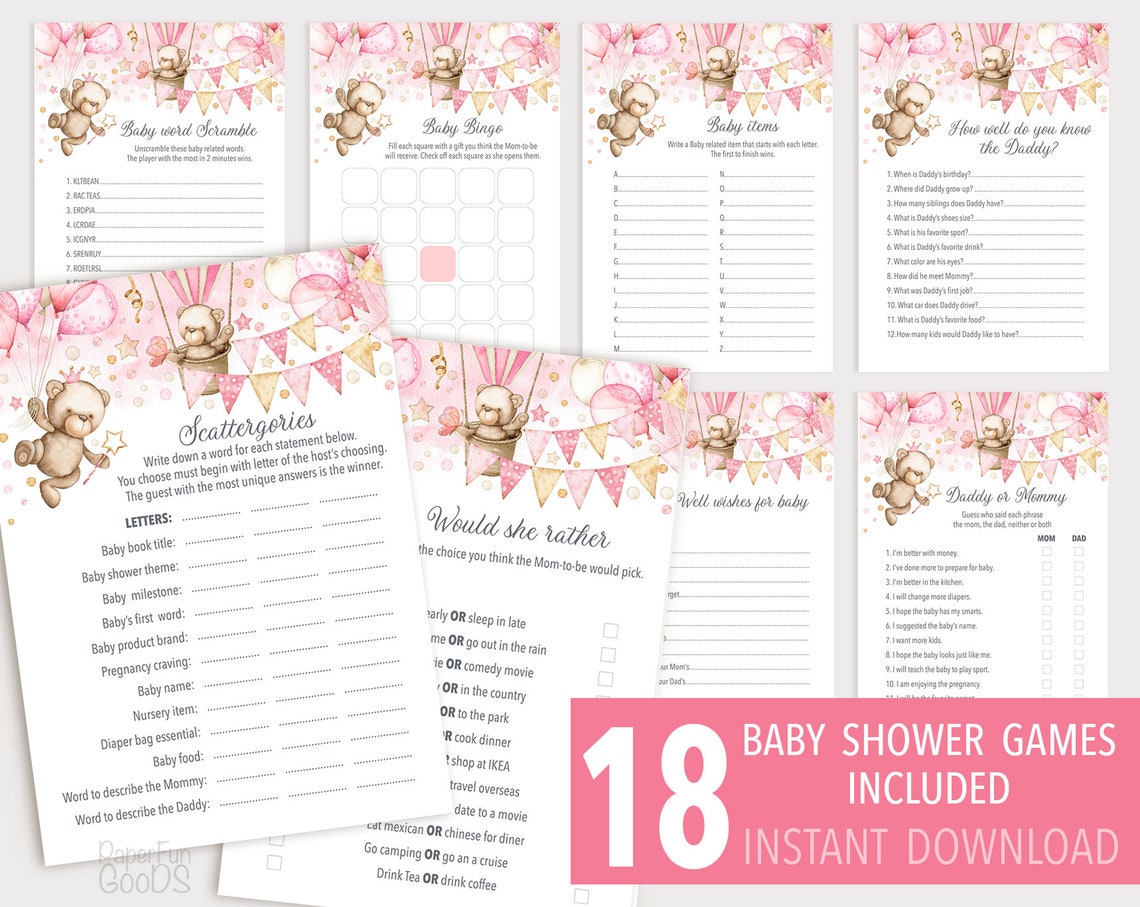 18 Digital Baby Shower Games. Pink Teddy Bear Party. It's a Girl ...