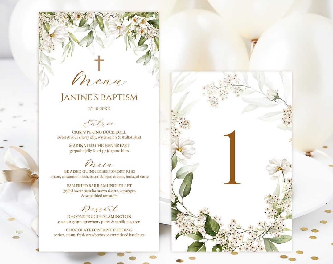 EDITABLE Menu Card and Table Number. Girl Baptism Green, White Flowers ...