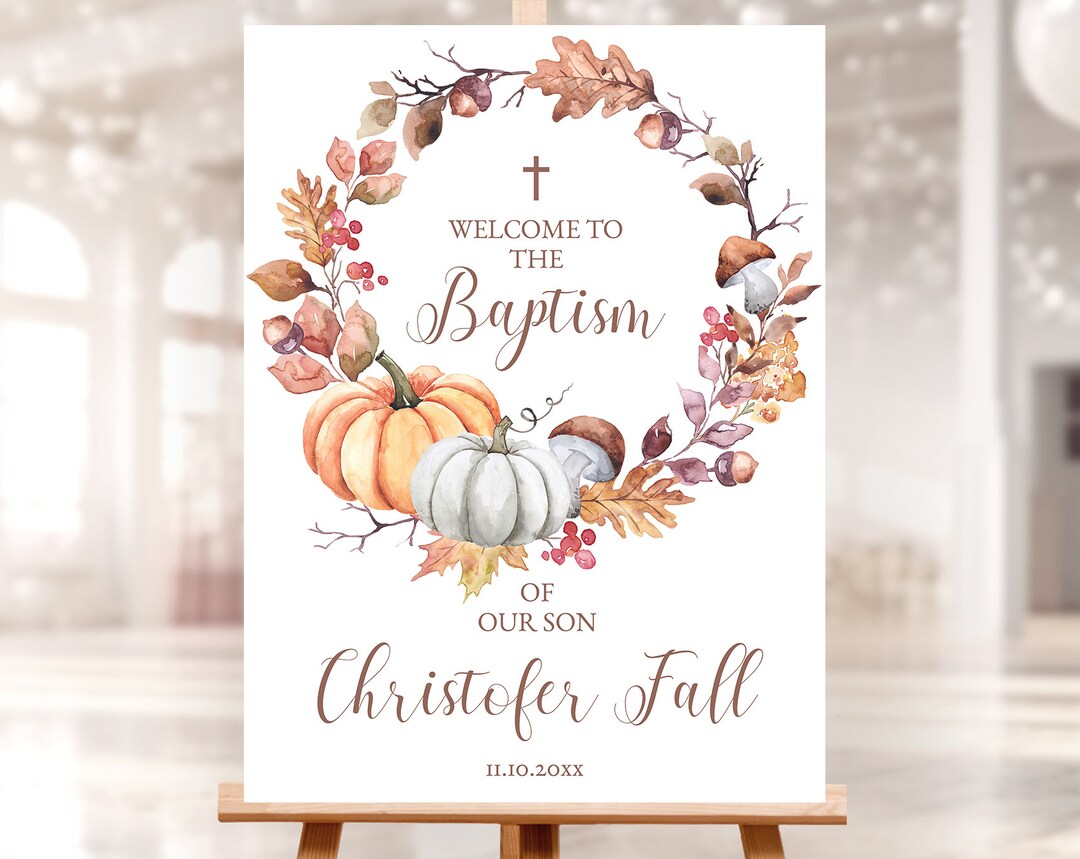Editable Digital Baptism Welcome Sign. Autumn Wreath, Fall Pumpkin ...