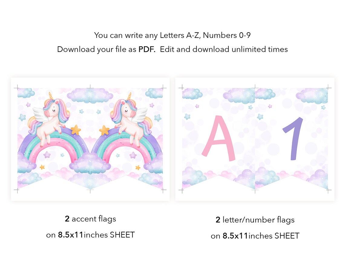 EDITABLE Girl Birthday Bunting. Pink and Rainbow Unicorn Magical Party ...