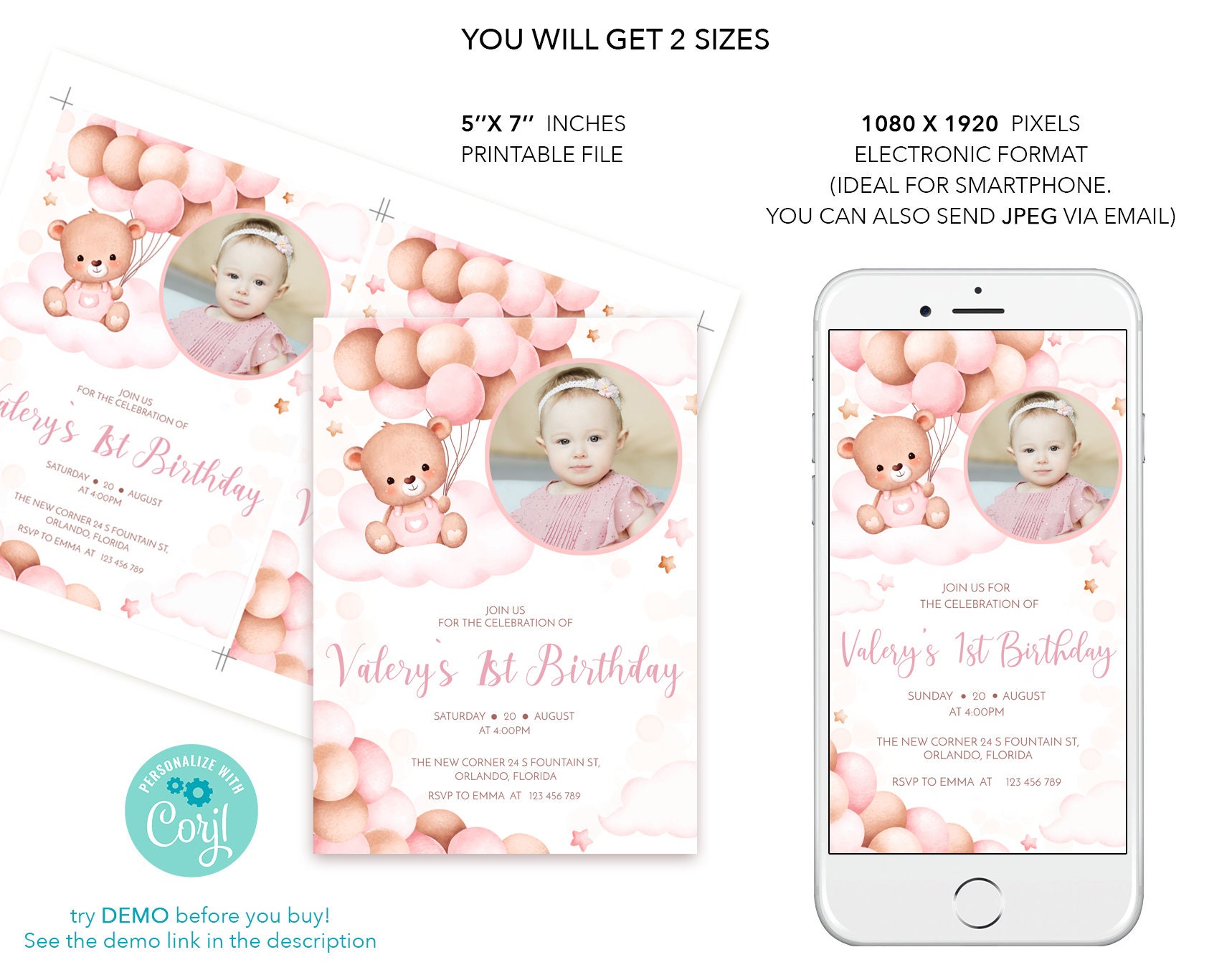 Editable Pink Teddy Bear Birthday Electronic Invitation Template With ...