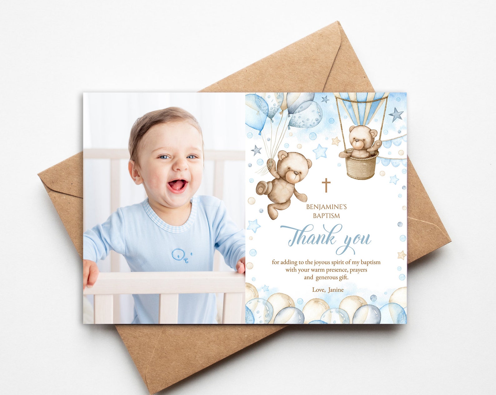 Editable Baptism Thank You Card With Photo. Blue Teddy Bear, Air ...
