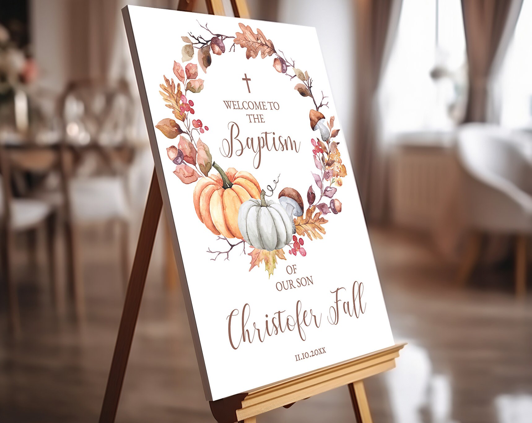 Editable Digital Baptism Welcome Sign. Autumn Wreath, Fall Pumpkin ...
