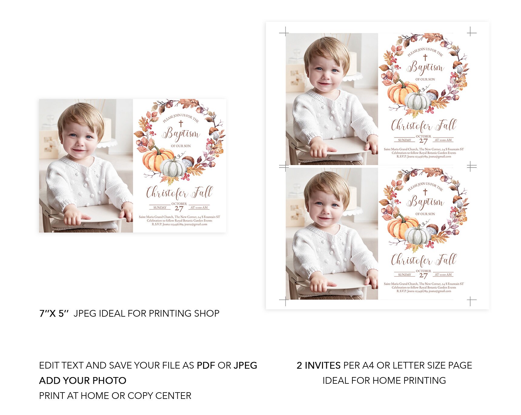 Editable Digital Baptism Invite With Photo Template. Autumn Wreath ...
