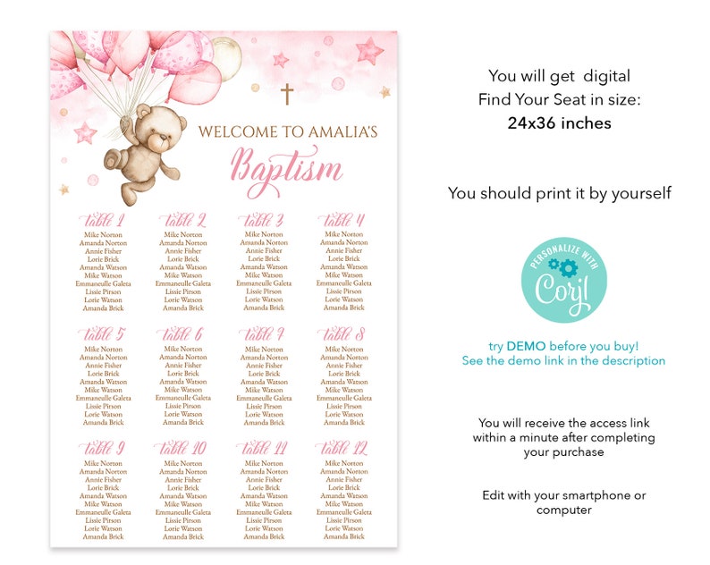 Editable Baptism Seating Chart. Pink Teddy Bear, Air Balloon Decor ...