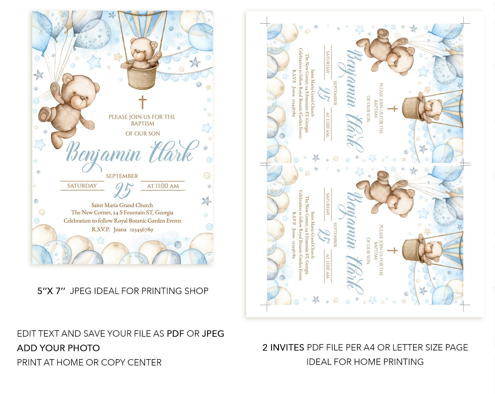 Editable Baptism Invite. Electronic Evite Blue Teddy Bear Invitation ...