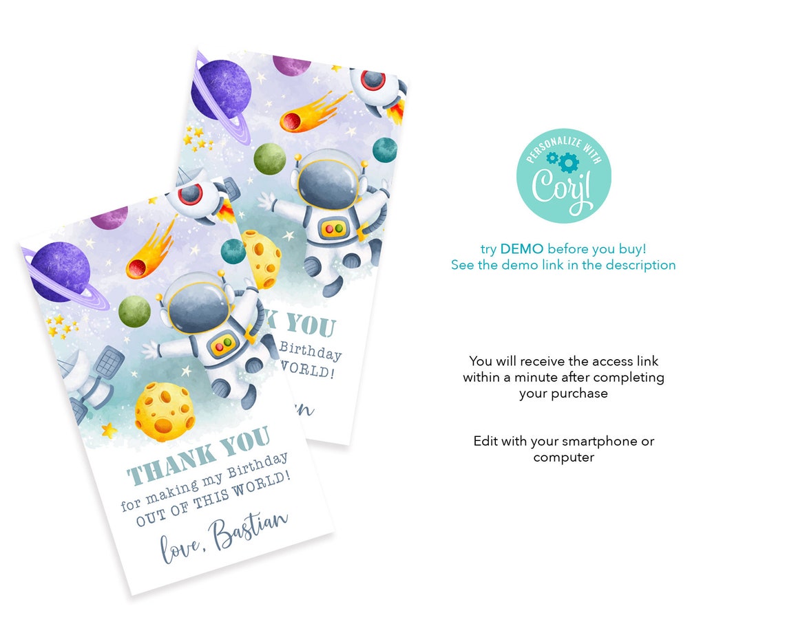 Editable Space Thank You Tag Template. 4th Boy Birthday Astronaut Outer ...