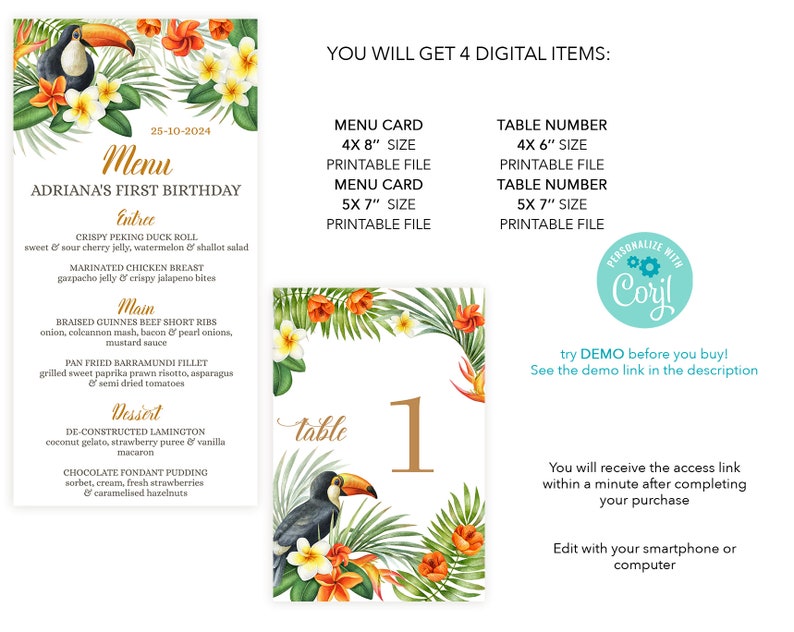 EDITABLE Digital Menu Card and Table Number. Aloha 1st Birthday Table ...