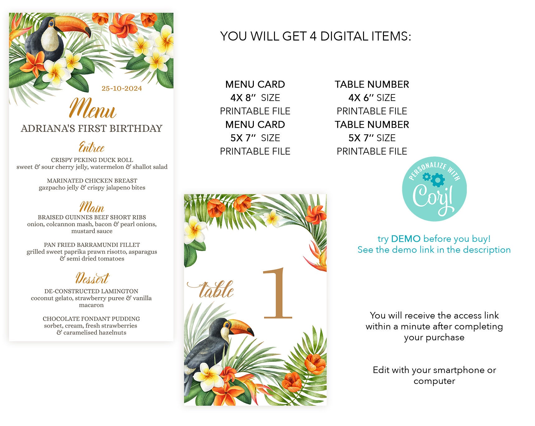 EDITABLE Digital Menu Card and Table Number. Aloha 1st Birthday Table ...
