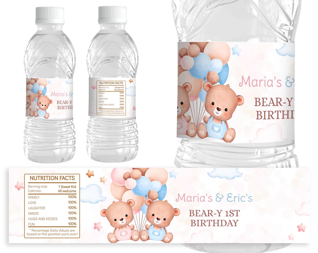 EDITABLE Digital Bottle Label, Water Labels. Twins 1st Birthday, Girl ...