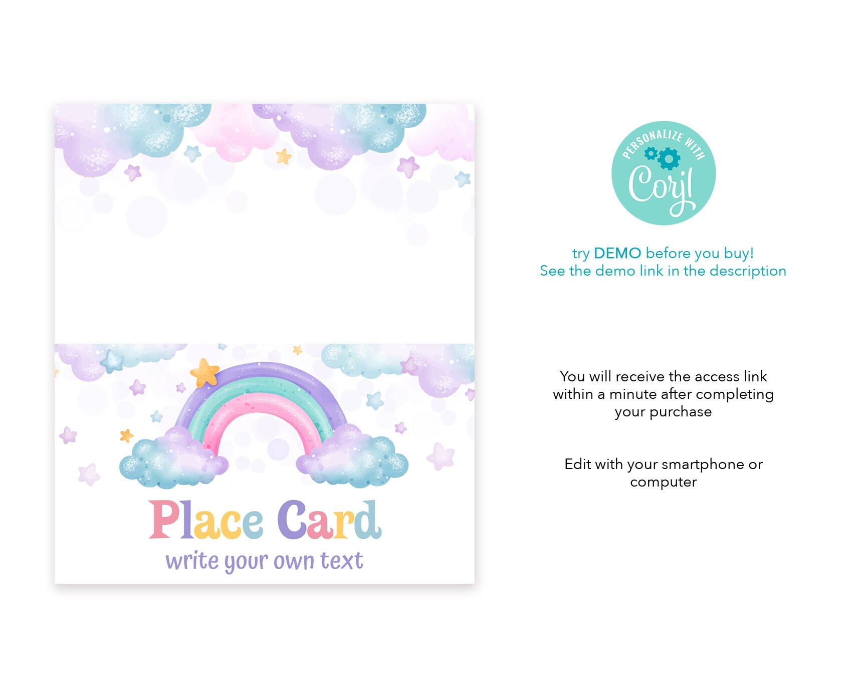 EDITABLE Rainbow Place Card. Personalized Girl Pink and Rainbow Magical ...