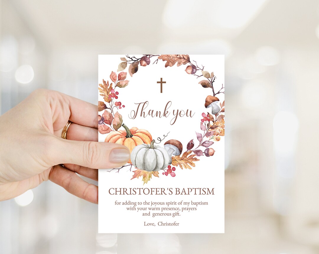 Editable Digital Baptism Thank You Card. Autumn Wreath Fall Pumpkin ...